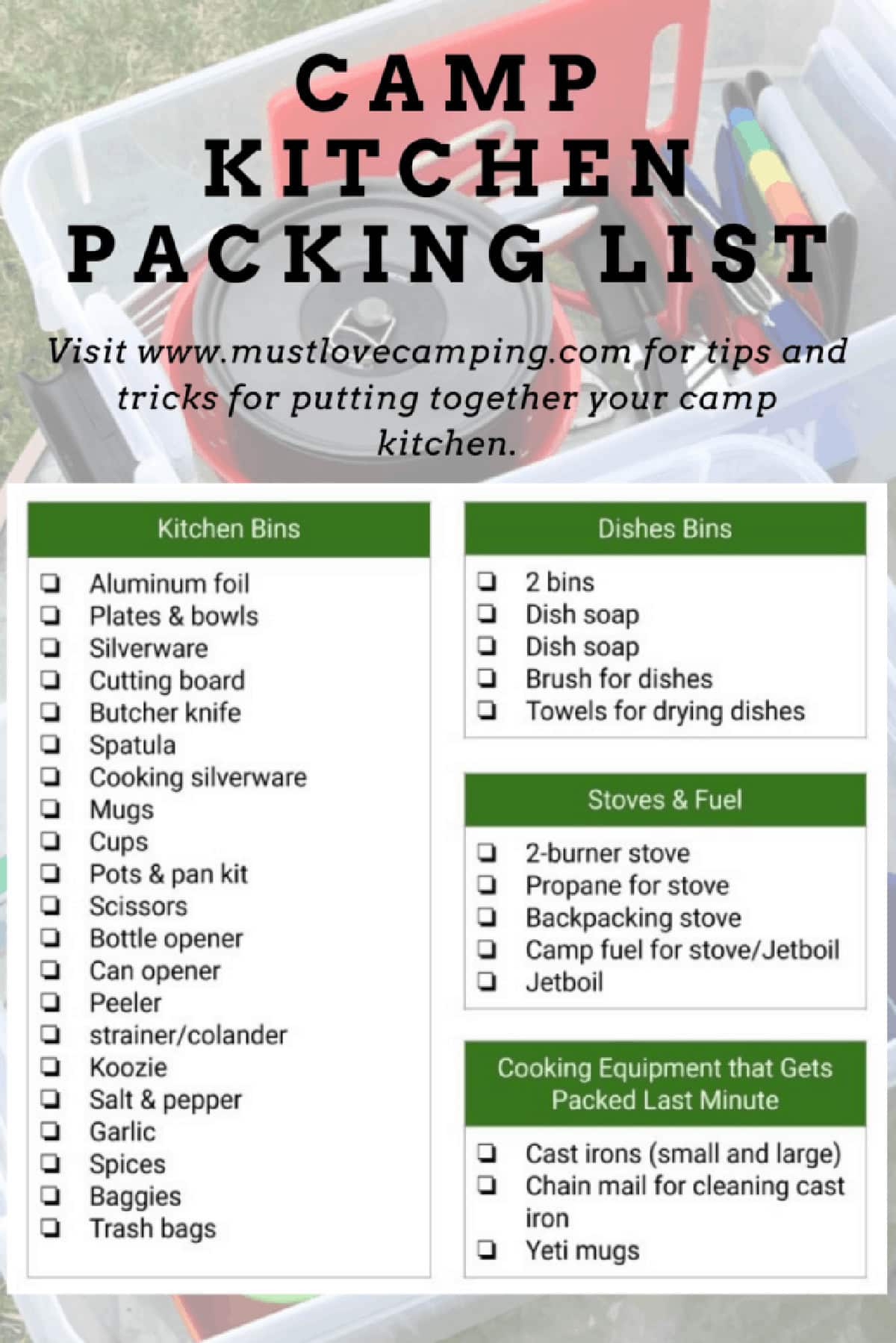 Tent Camping Kitchen Gear & Packing List · Chatfield Court